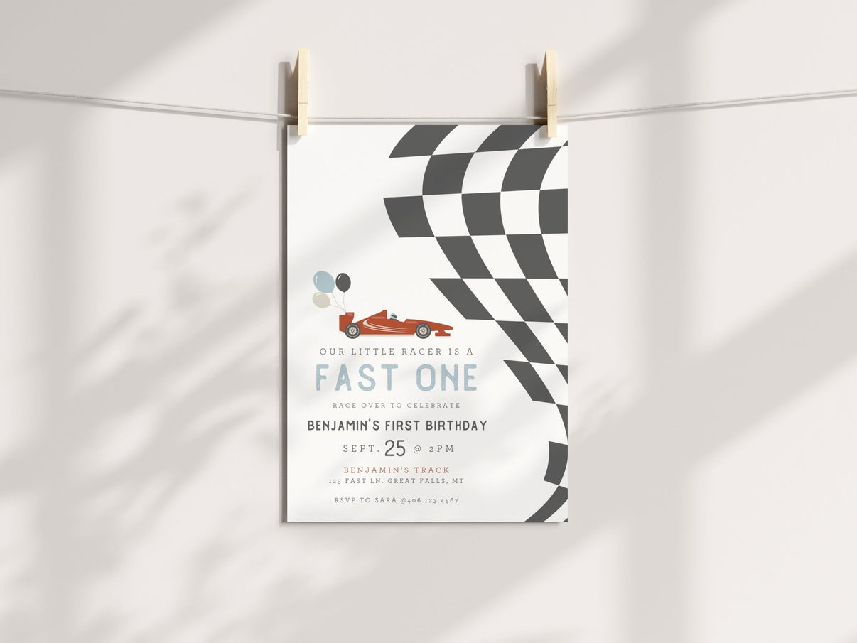 Fast One Race Car Birthday Invitation – High Peaks Studios LLC
