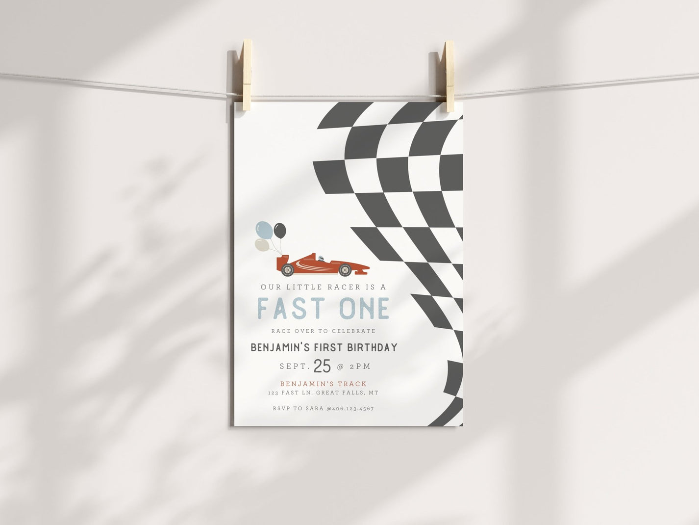 Fast One Race Car Birthday Invitation – High Peaks Studios LLC