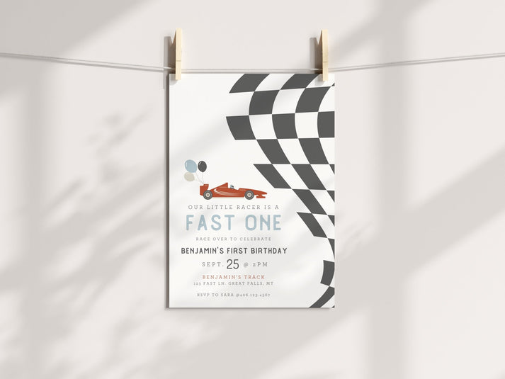 Fast One Race Car Birthday Invitation – High Peaks Studios LLC