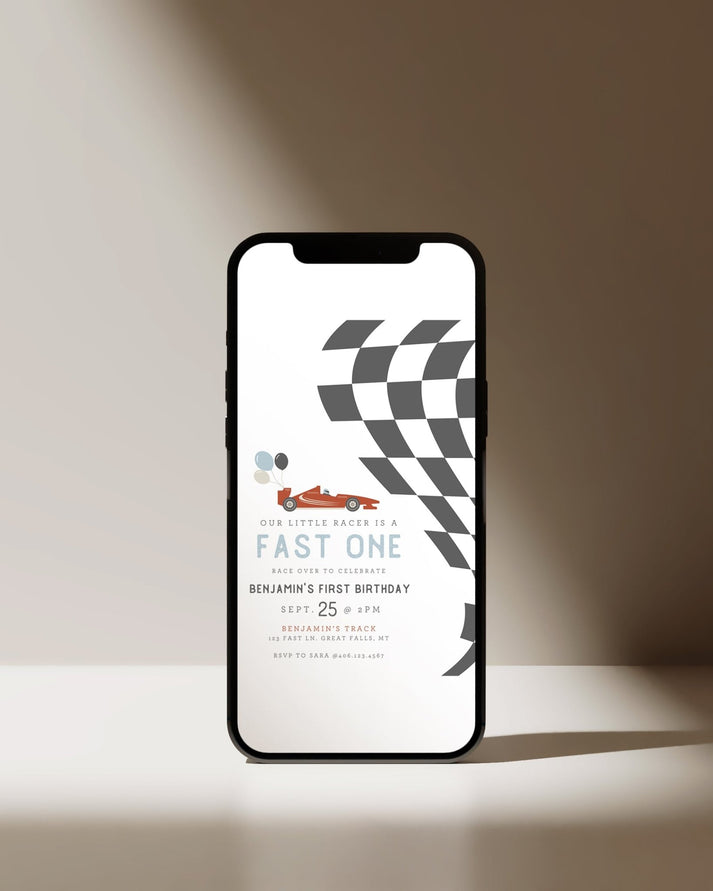 Fast One Race Car Birthday Invitation – High Peaks Studios LLC