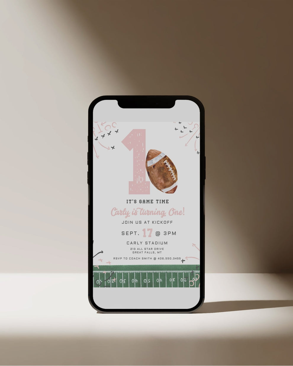 First Year Down Football Birthday Invitation - Pink – High Peaks ...