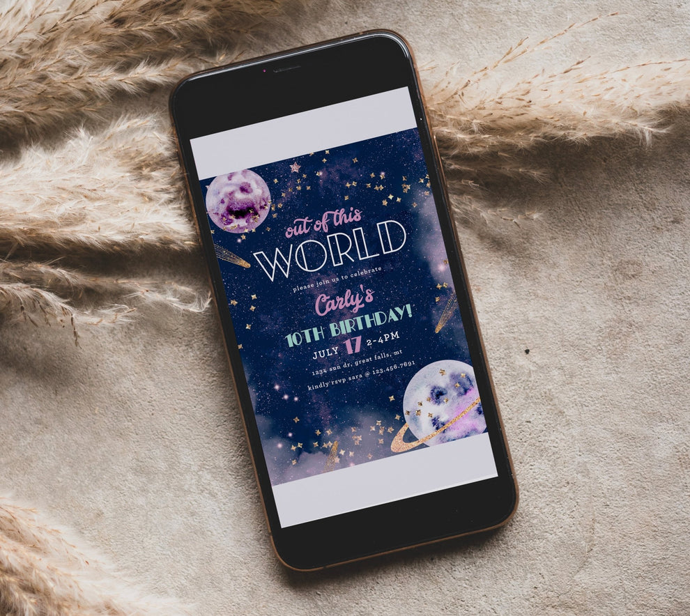 Galaxy Birthday Invitation Printable-Pink and Gold – High Peaks Studios LLC