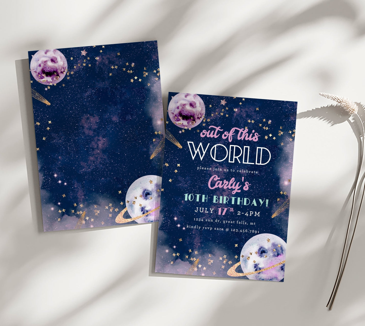 Galaxy Birthday Invitation Printable-Pink and Gold – High Peaks Studios LLC