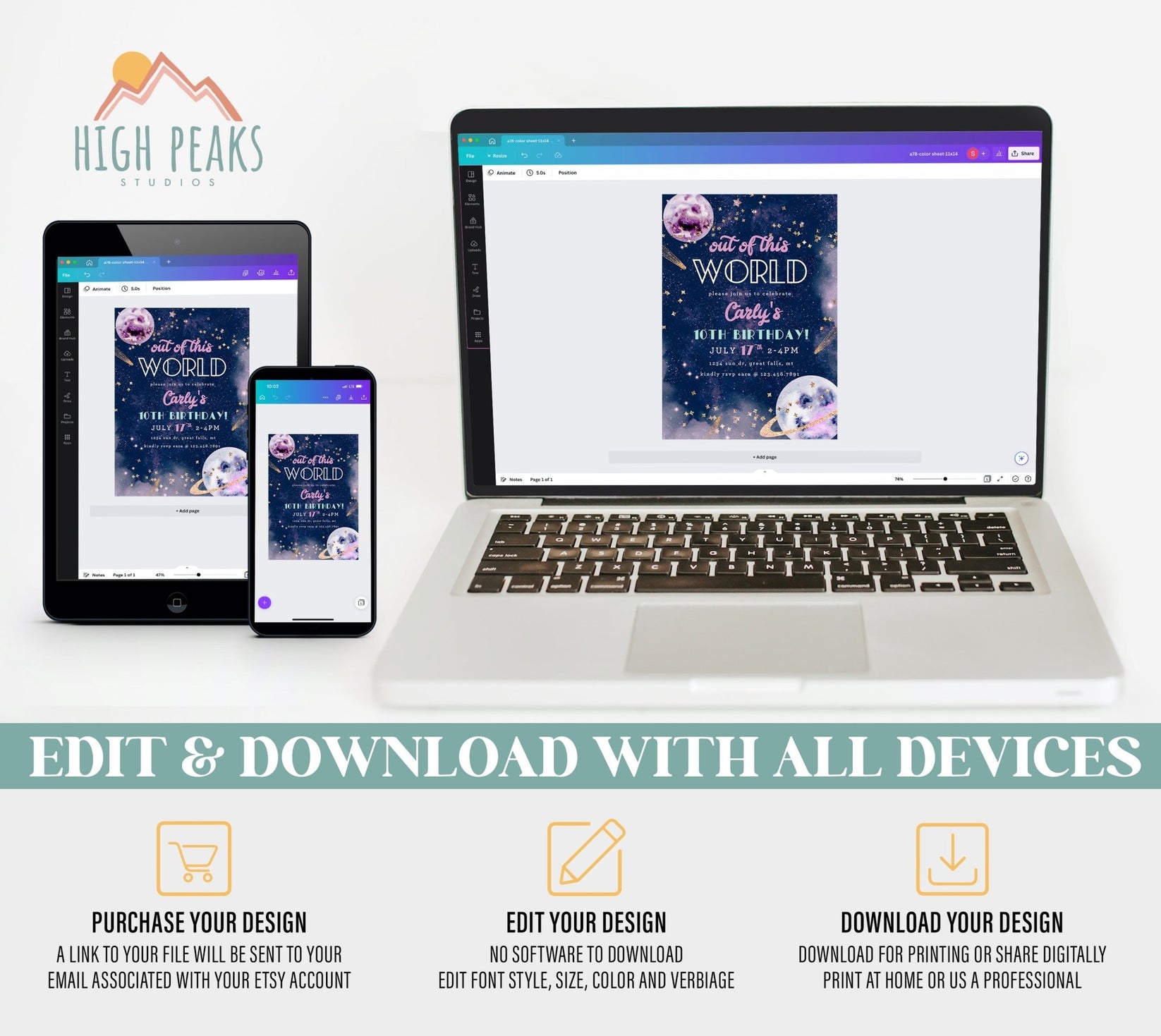 Galaxy Birthday Invitation Printable-Pink and Gold – High Peaks Studios LLC