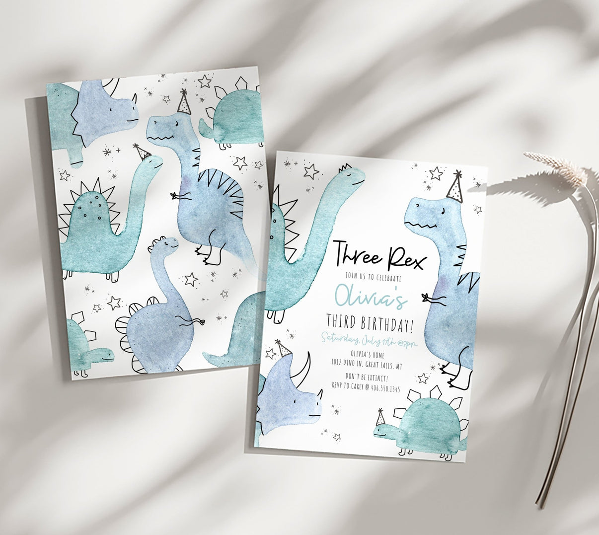 Three Rex Dinosaur Birthday Invitation - Blue & Teal – High Peaks ...