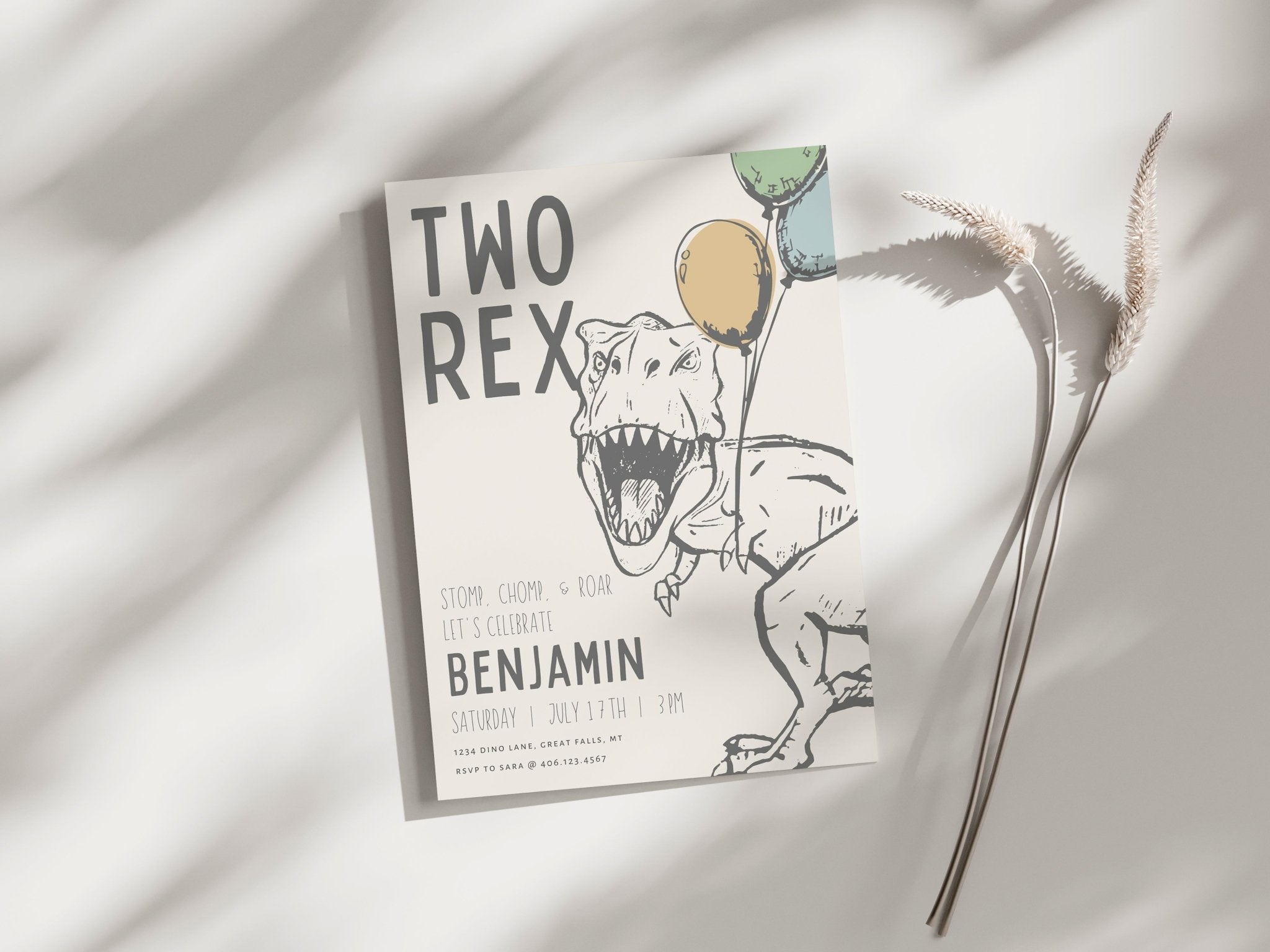 TWO Rex Dinosaur Birthday Party Invitation – High Peaks Studios LLC