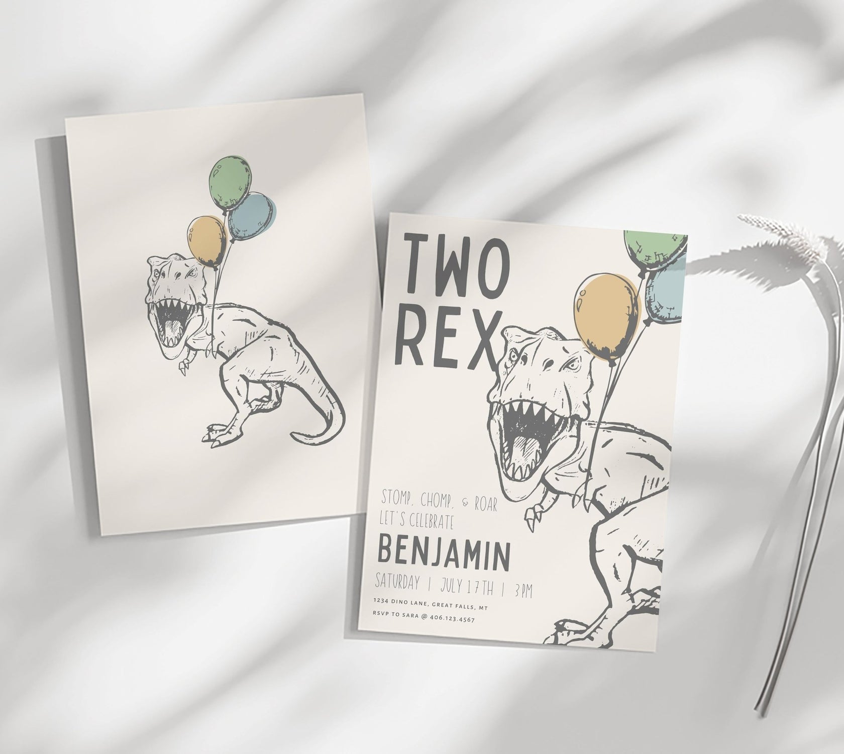 TWO Rex Dinosaur Birthday Party Invitation – High Peaks Studios LLC